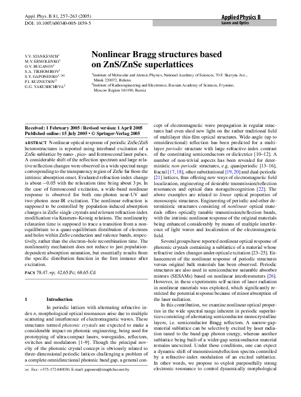 (PDF) Nonlinear Bragg structures based on ZnS/ZnSe superlattices
