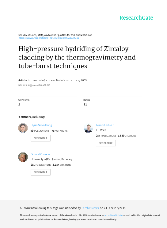 (PDF) High-pressure hydriding of Zircaloy cladding by the ...