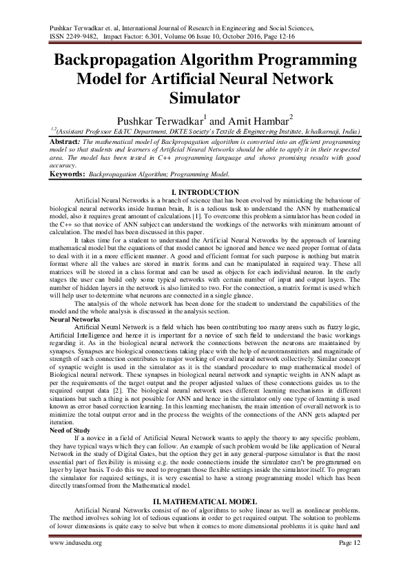 (PDF) Backpropagation Algorithm Programming Model for Artificial Neural Network Simulator