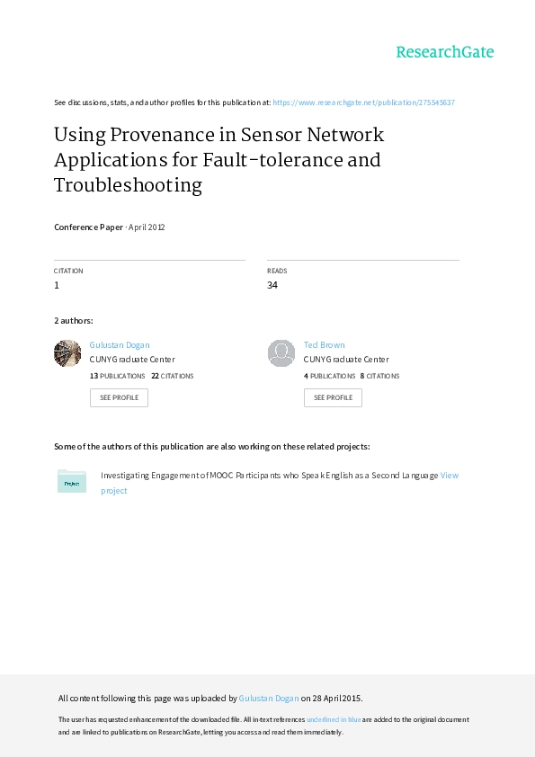 Pdf Using Provenance In Sensor Network Applications For Fault Tolerance And Troubleshooting