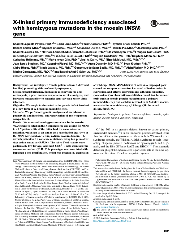 (PDF) X-linked primary immunodeficiency associated with hemizygous ...