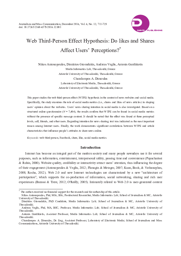 (PDF) Web Third-Person Effect Hypothesis: Do likes and Shares Affect Users' Perceptions?