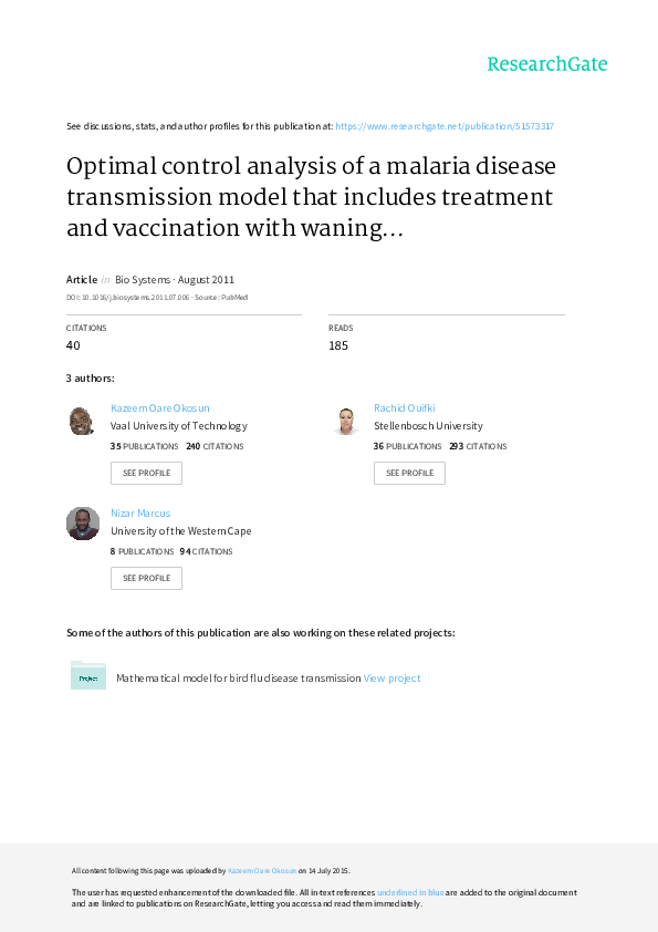 (PDF) Optimal control analysis of a malaria disease transmission model ...