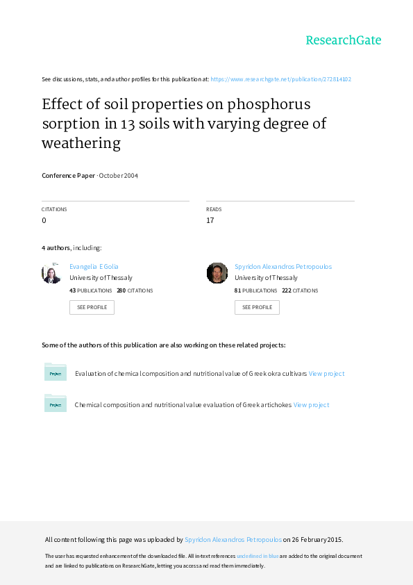 (PDF) Effect of soil properties on phosphorus sorption in 13 soils with varying degree of ...