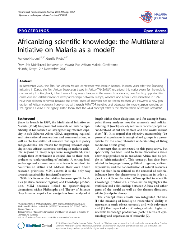 (PDF) Africanizing scientific knowledge: The Multilateral Initiative on Malaria as a model?