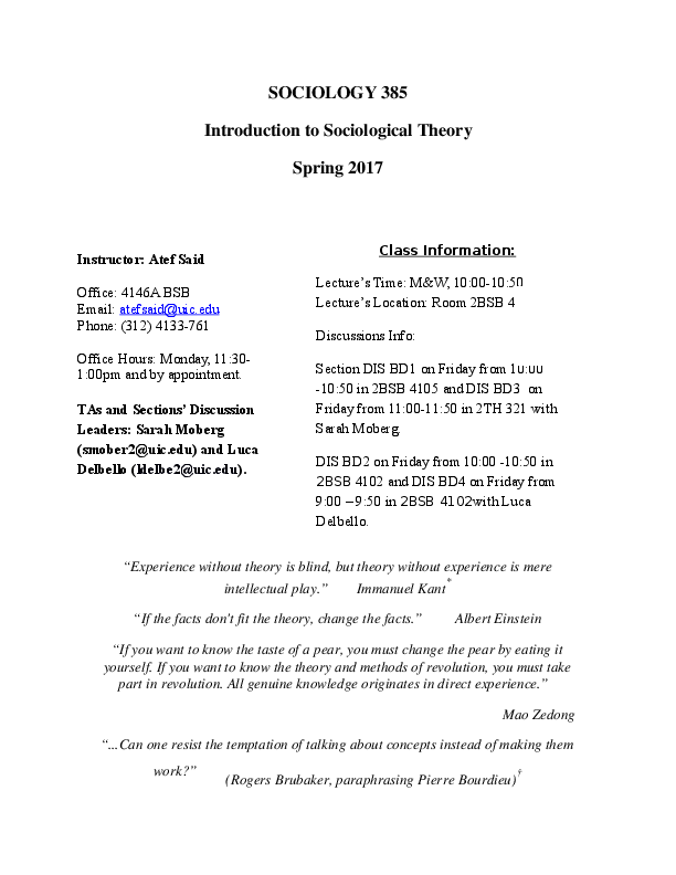 (DOC) Introduction to Sociological Theory- Undergraduate Class Syllabus