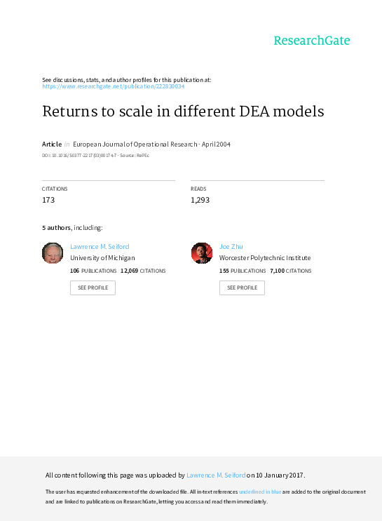 (PDF) Returns to scale in different DEA models