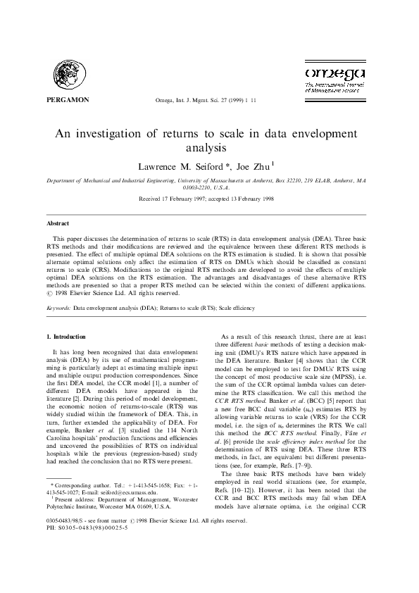 (PDF) An investigation of returns to scale in data envelopment analysis