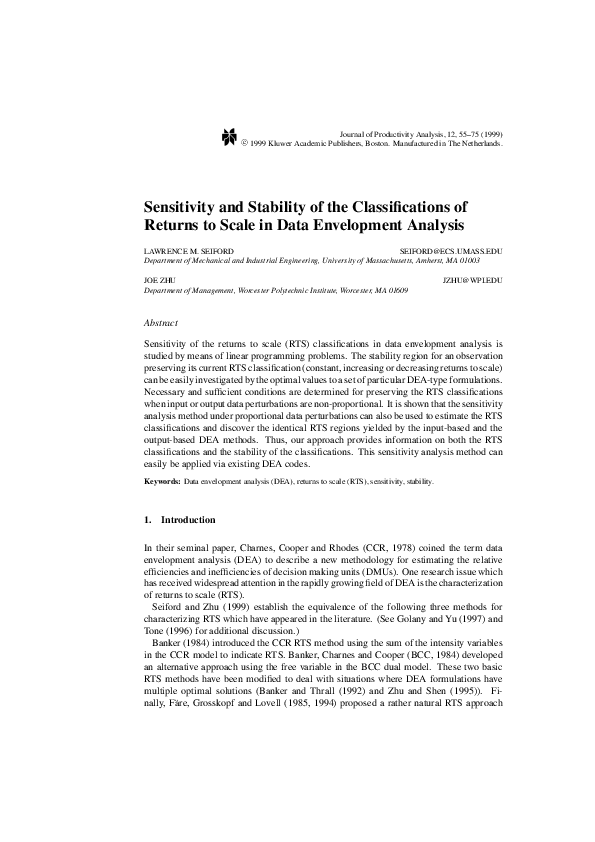 (PDF) Sensitivity and Stability of the Classifications of Returns to Scale in Data Envelopment ...