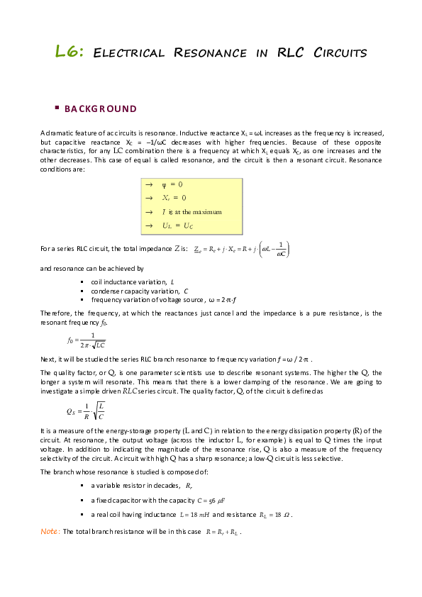 (PDF) L6: ELECTRICAL RESONANCE IN RLC CIRCUITS