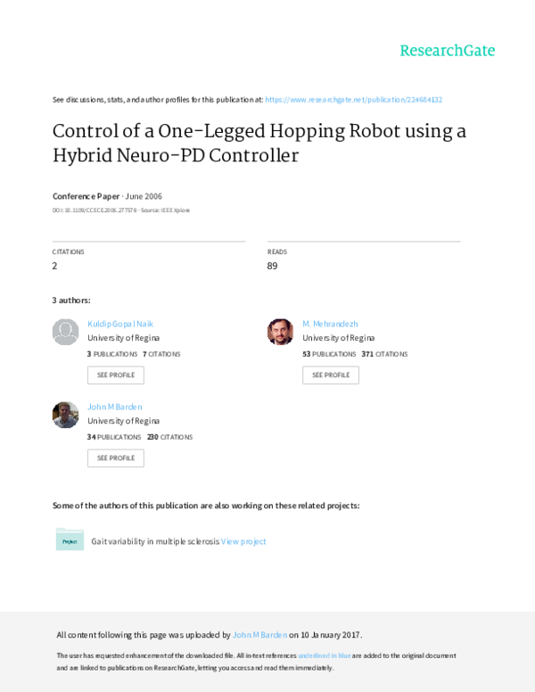 (PDF) Control of a one-legged hopping robot using a hybrid neuro-pd controller
