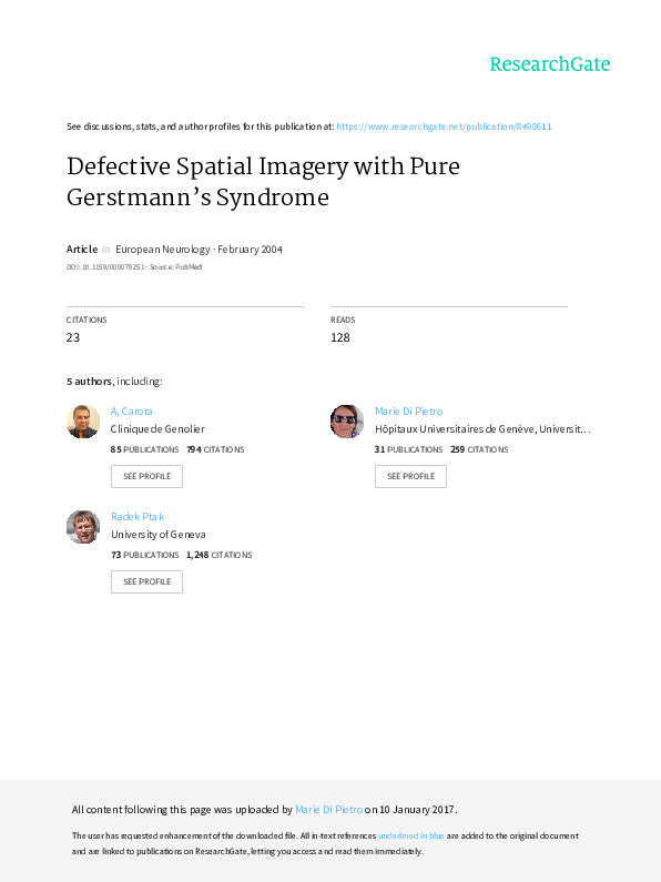 (PDF) Defective Spatial Imagery with Pure Gerstmann’s Syndrome