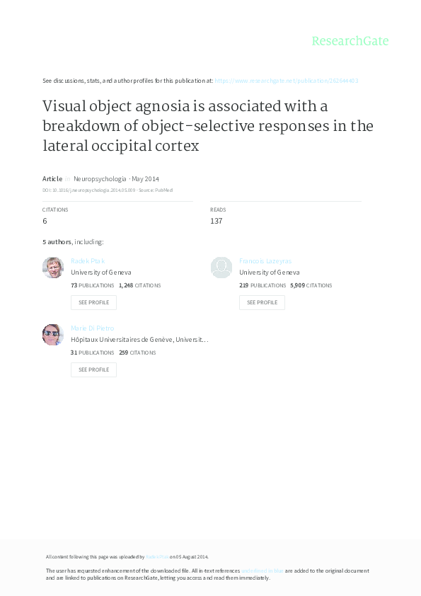 (PDF) Visual object agnosia is associated with a breakdown of object ...