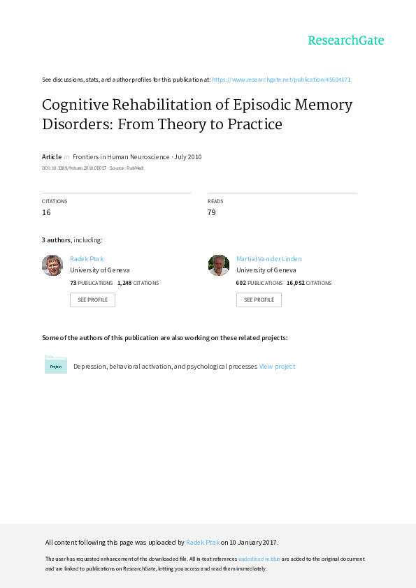 (PDF) Cognitive rehabilitation of episodic memory disorders: from theory to practice