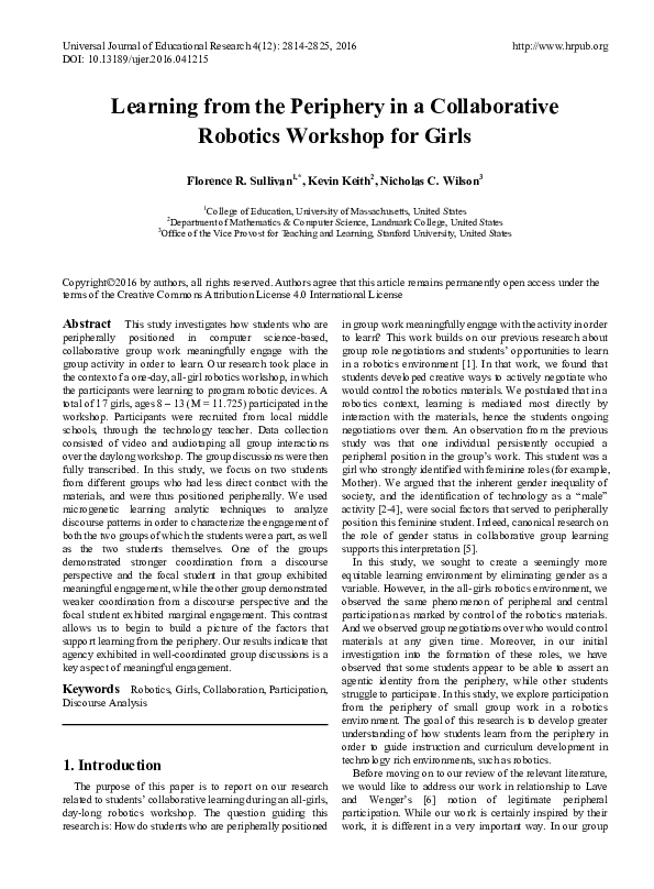 (PDF) Learning from the Periphery in a Collaborative Robotics Workshop ...