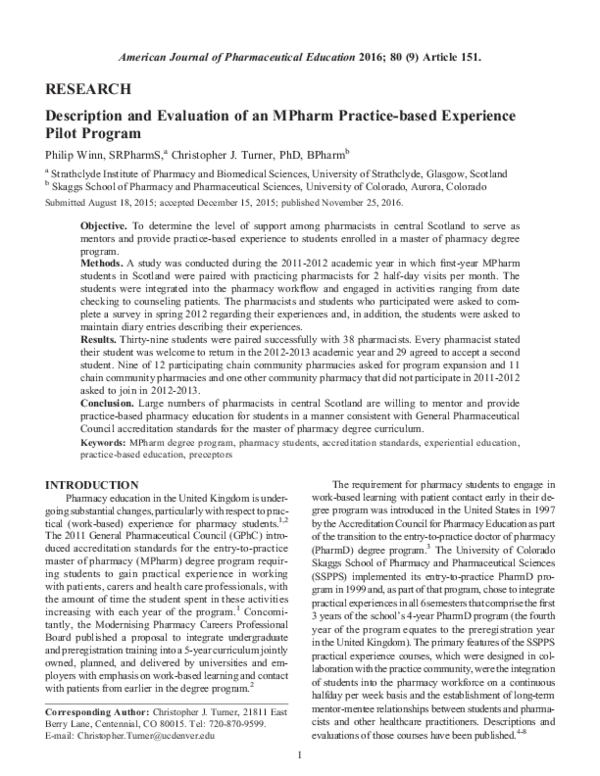 (PDF) Description and Evaluation of an MPharm Practice-based Experience Pilot Program