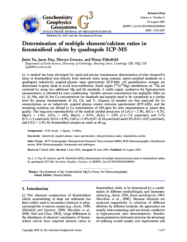 Pdf Determination Of Multiple Element Calcium Ratios In Foraminiferal Calcite By Quadrupole Icp Ms