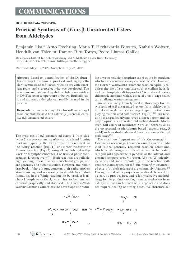 (PDF) Practical Synthesis of (E)‐α, β‐Unsaturated Esters from Aldehydes