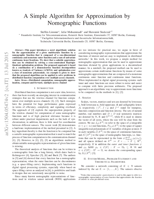 (PDF) A simple algorithm for approximation by nomographic functions