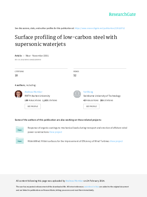 (PDF) Surface profiling of low-carbon steel with supersonic waterjets