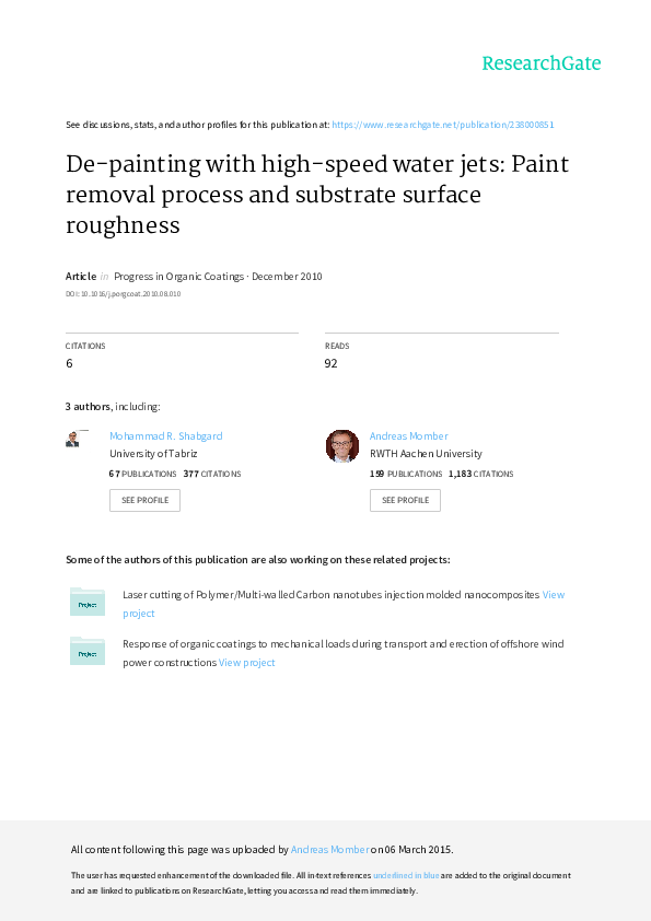 (PDF) De-painting with high-speed water jets: Paint removal process and ...