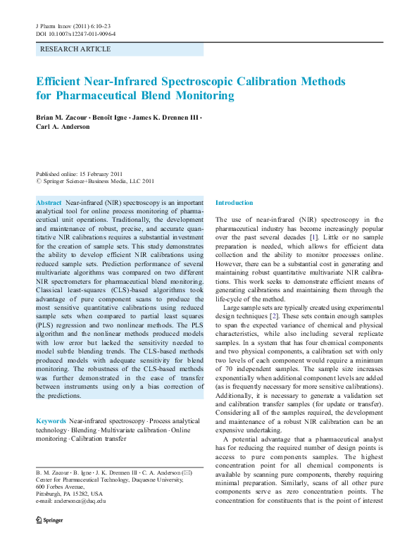 (PDF) Efficient Near-Infrared Spectroscopic Calibration Methods for Pharmaceutical Blend Monitoring