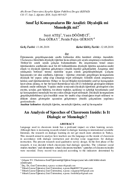 (PDF) Sınıf İçi Konuşmaların Bir Analizi: Diyalojik mi Monolojik mi ...