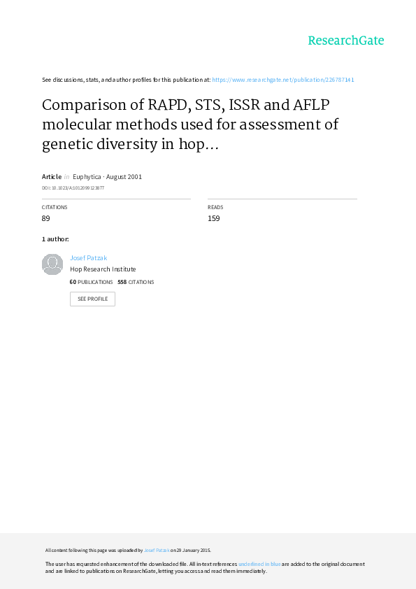(PDF) Comparison of RAPD, STS, ISSR and AFLP molecular methods used for assessment of genetic ...