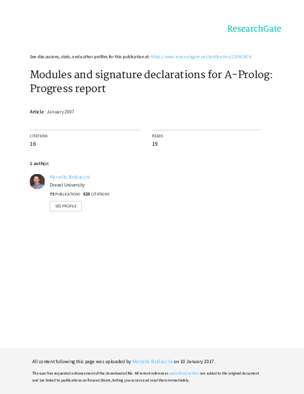 (PDF) Modules and signature declarations for A-Prolog: Progress report