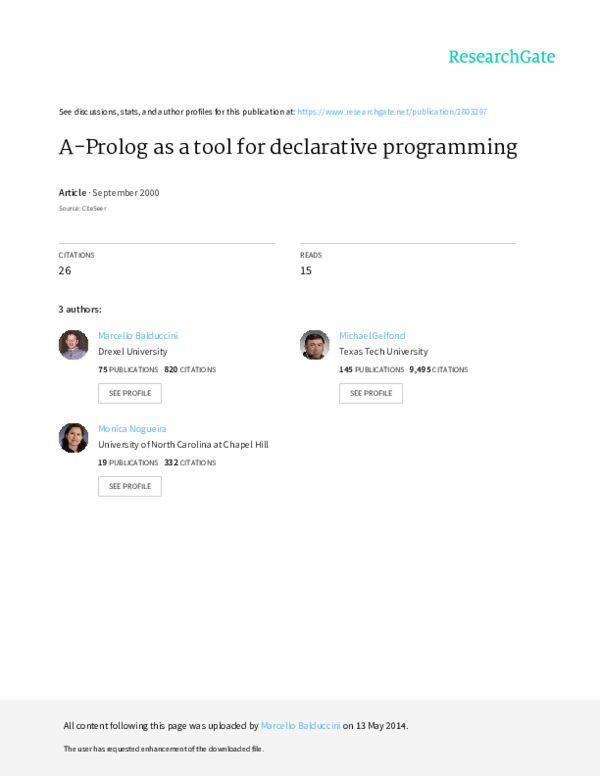 (PDF) A-Prolog as a tool for declarative programming | Marcello ...