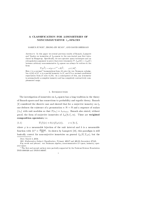 Pdf A Classification For 2 Isometries Of Noncommutativel P Spaces