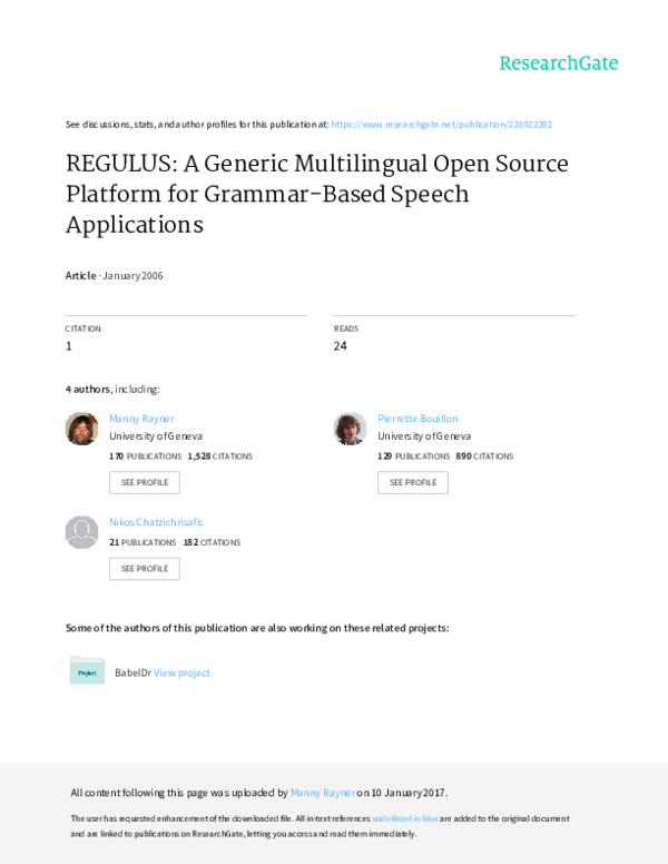 Pdf Regulus A Generic Multilingual Open Source Platform For Grammar Based Speech Applications