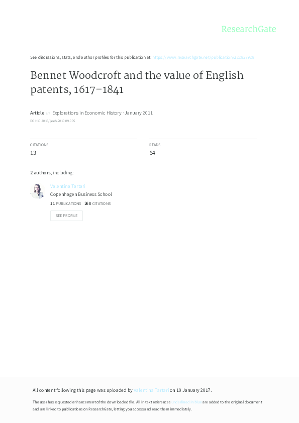 (PDF) Bennet Woodcroft and the value of English patents, 1617-1841