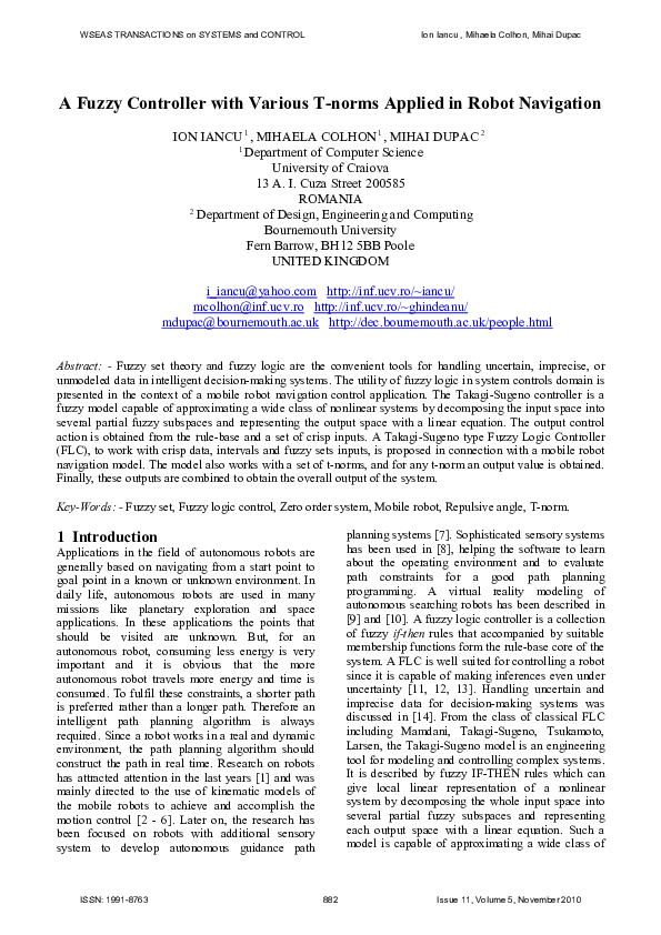 Pdf A Fuzzy Controller With Various T Norms Applied In Robot Navigation