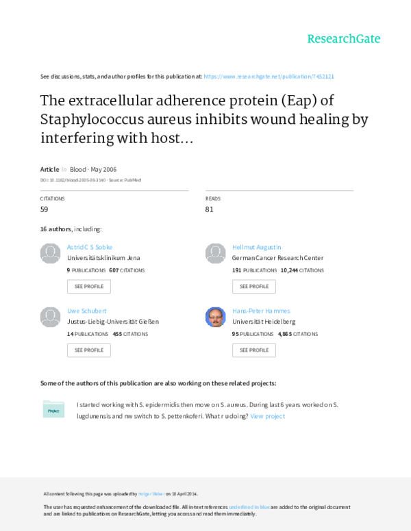 (PDF) The Extracellular Adherence Protein (Eap) of Staphylococcus ...