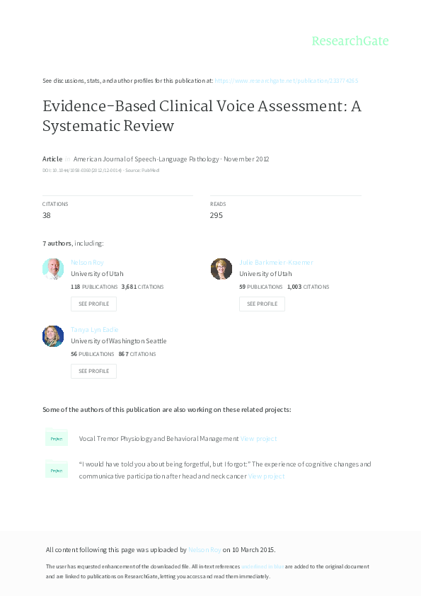 (PDF) Evidence-Based Clinical Voice Assessment: A Systematic Review