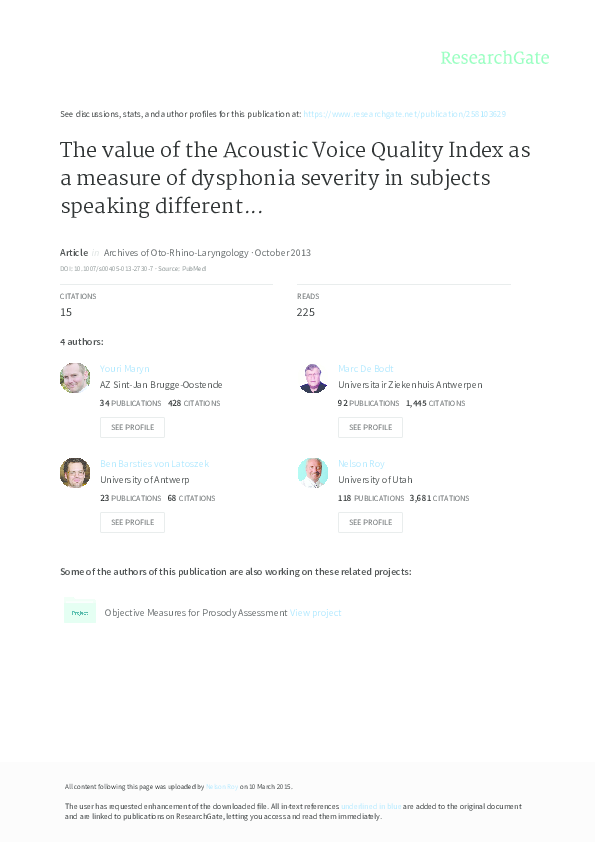 (PDF) The value of the Acoustic Voice Quality Index as a measure of ...