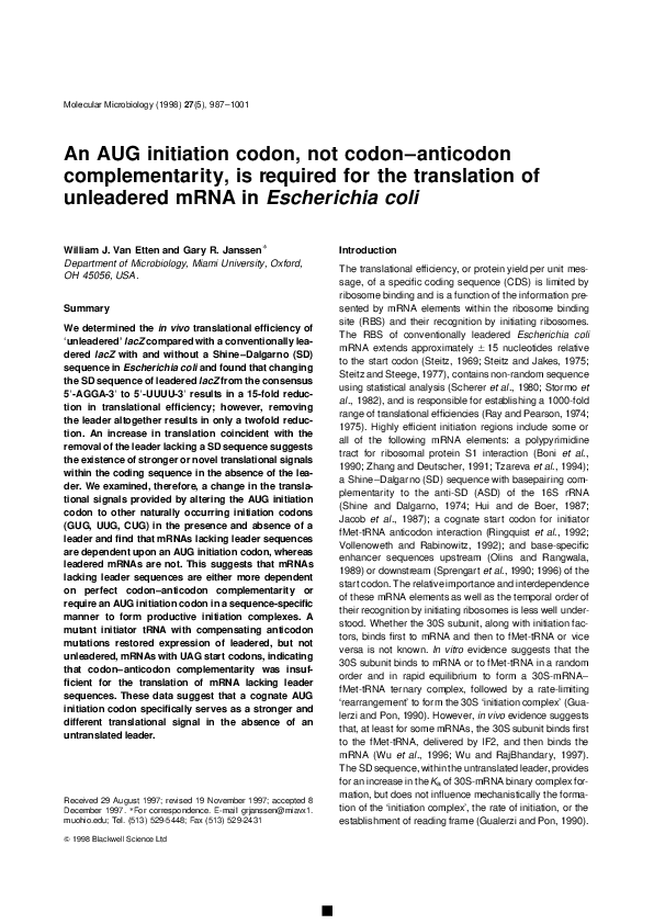 (PDF) An AUG initiation codon, not codon-anticodon complementarity, is ...