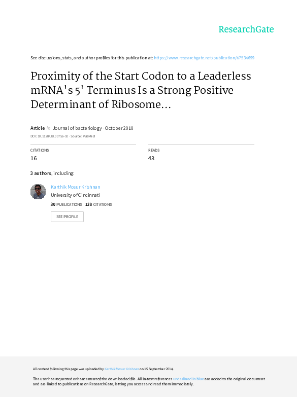 (PDF) Proximity of the Start Codon to a Leaderless mRNA's 5 ' Terminus ...