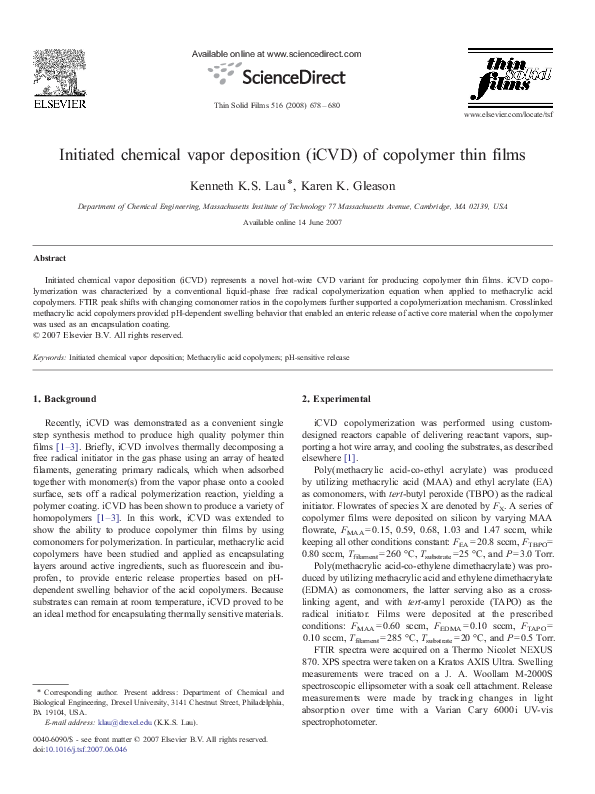 (PDF) Initiated chemical vapor deposition (iCVD) of conformal polymeric ...