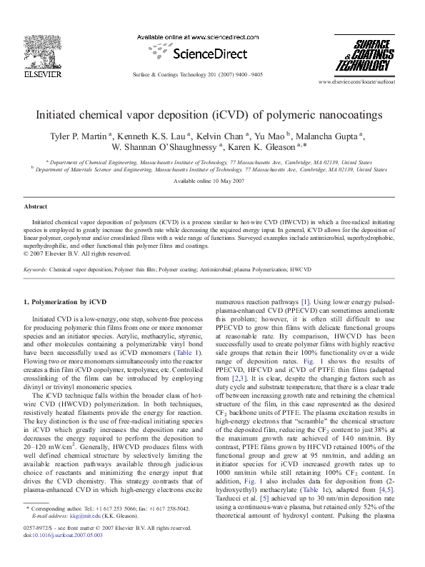 (PDF) Initiated chemical vapor deposition (iCVD) of polymeric nanocoatings