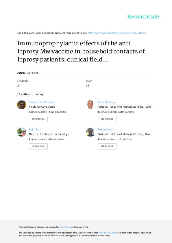 (PDF) Immunoprophylactic effects of the anti-leprosy Mw vaccine in ...