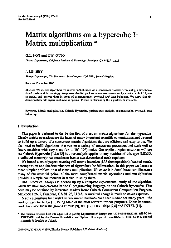 Pdf Matrix Algorithms On A Hypercube I Matrix Multiplication 1 Geoffrey Fox