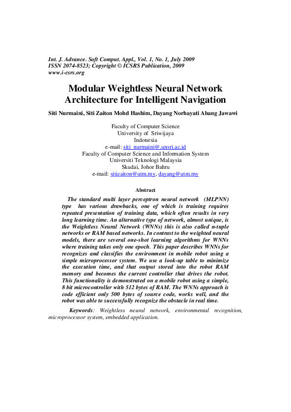 Pdf Modular Weightless Neural Network Architecture For Intelligent Navigation