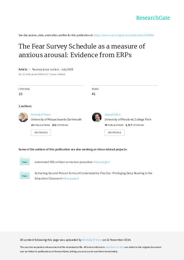 (PDF) The Fear Survey Schedule as a measure of anxious arousal ...