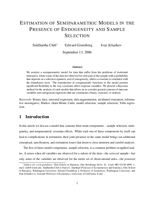 (PDF) Estimation of semiparametric models in the presence of endogeneity and sample selection