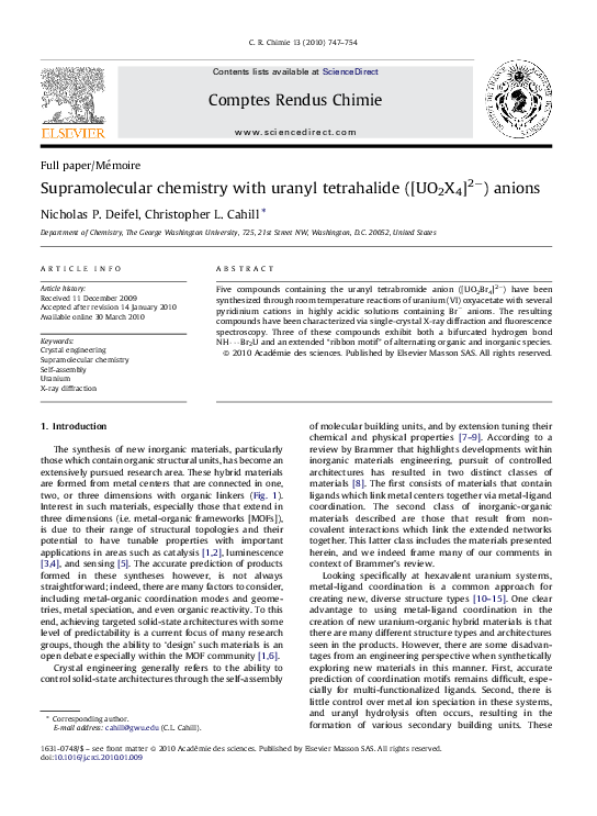 (PDF) Supramolecular chemistry with uranyl tetrahalide ([UO2X4] 2-) anions