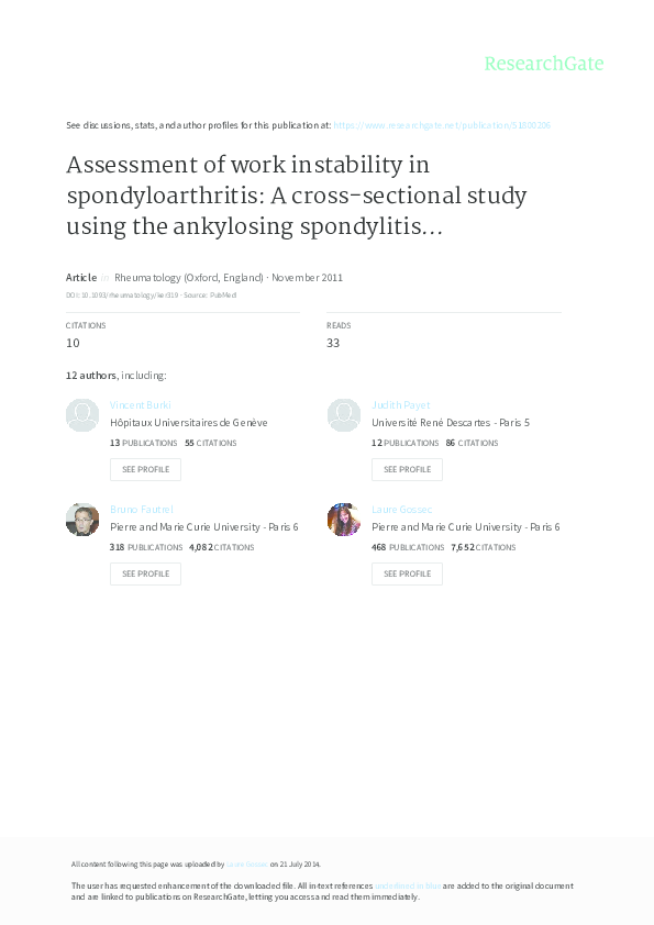 (PDF) Assessment of work instability in spondyloarthritis: a cross ...