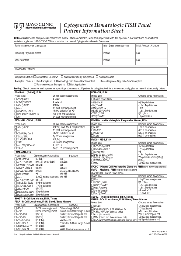(PDF) Cytogenetics Hematologic FISH Panel Patient Information Sheet