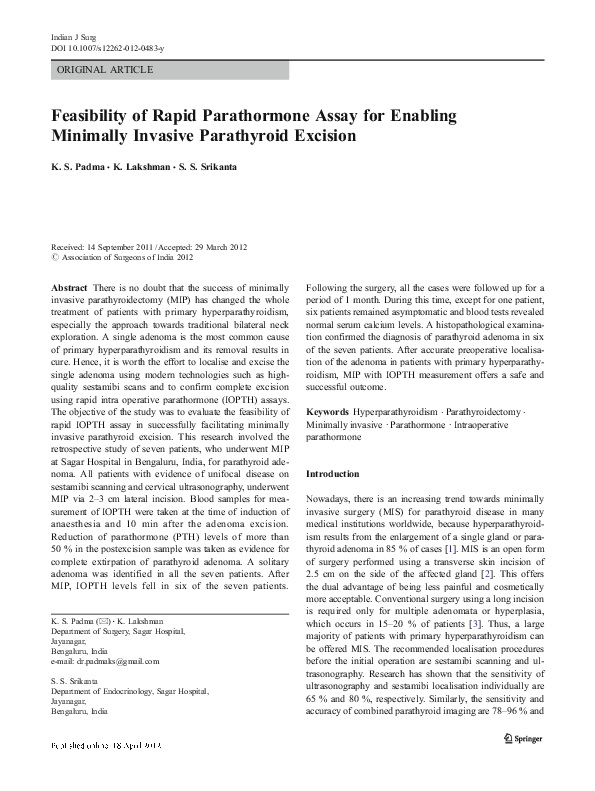 (PDF) Feasibility of Rapid Parathormone Assay for Enabling Minimally ...